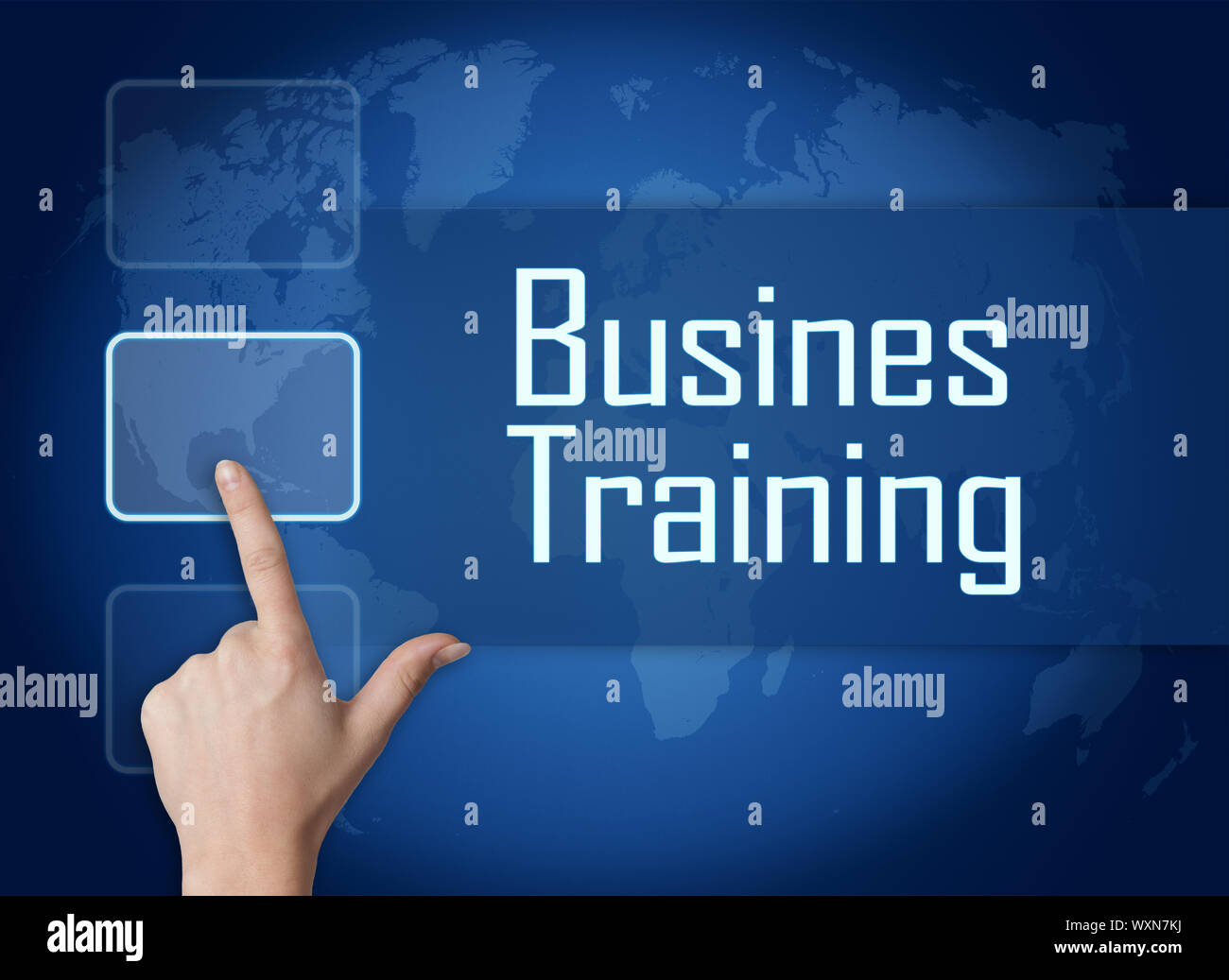 Business Training concept with interface and world map on blue ...