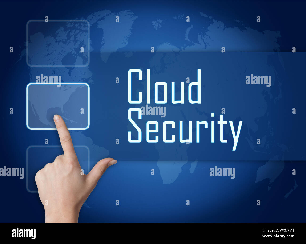 Cloud Security concept with interface and world map on blue background ...