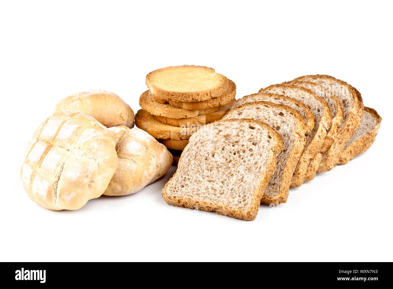 fresh buns, crackers and sliced bread isolated on white background ...