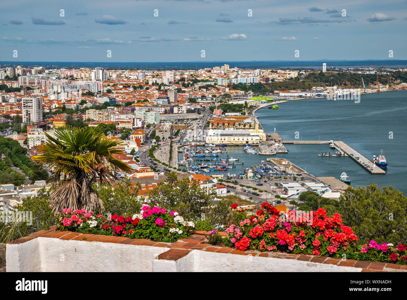 City of Setubal marina, at Sado Estuary, view from Castelo Sao Filipe ...