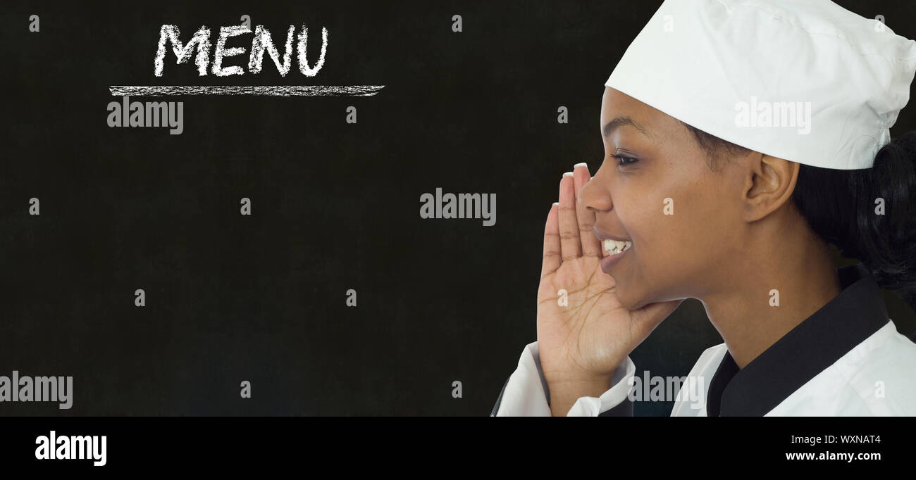 Chef with chalk menu sign written on blackboard background Stock Photo ...