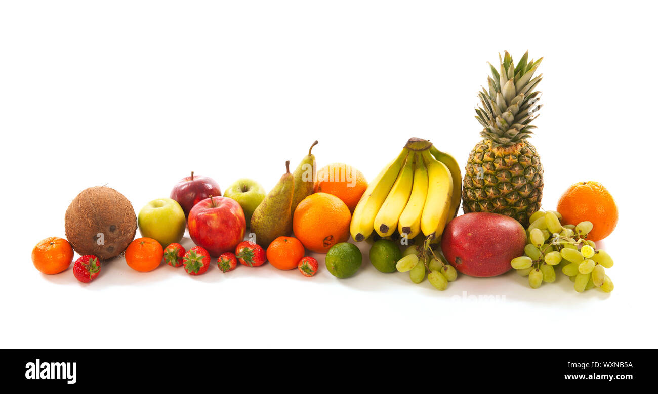 long row with fresh fruit isolated over white background Stock Photo ...