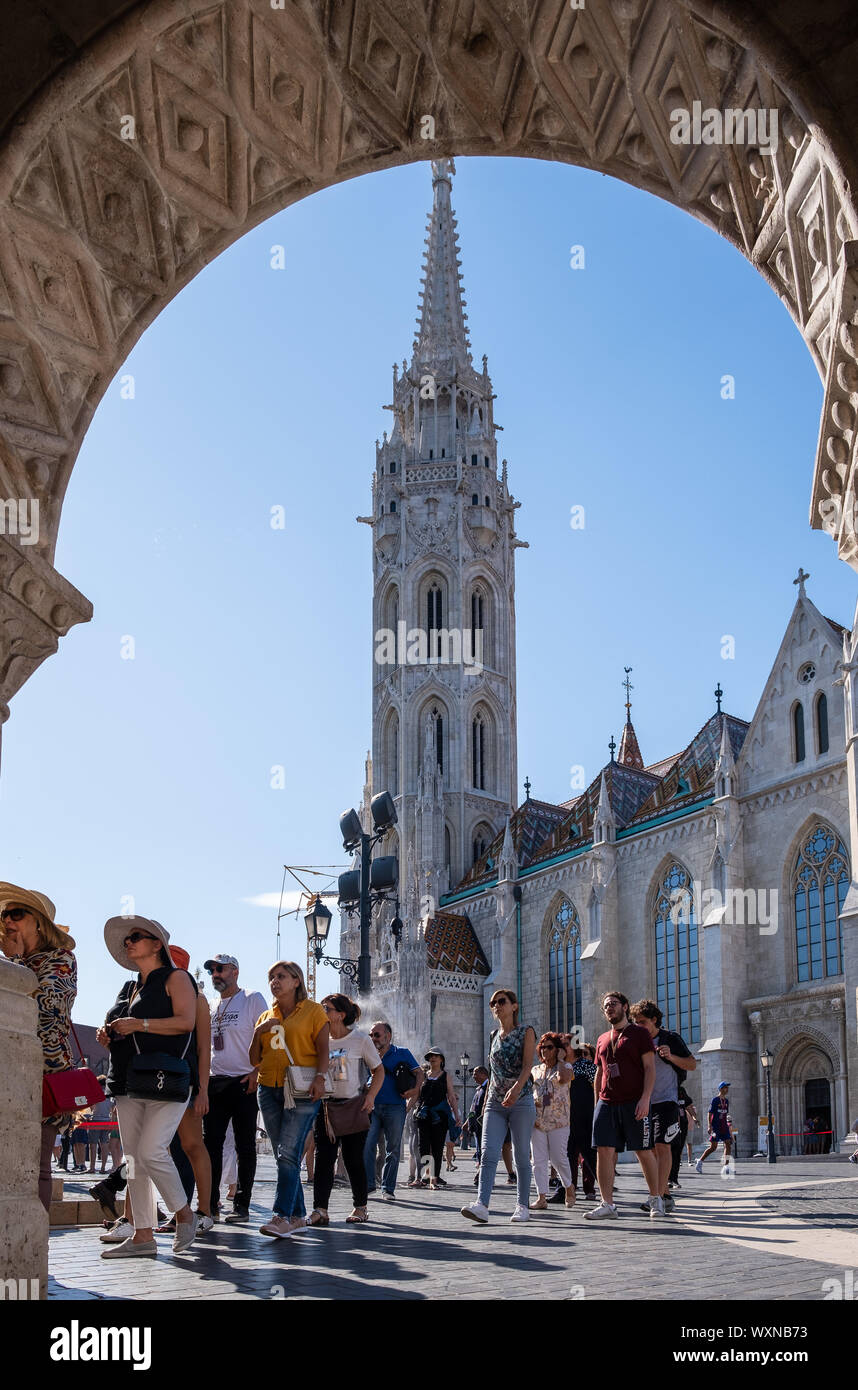 BUDAPEST, HUNGARY - AUGUST 19, 2019: The Matthias Church tower seen ...