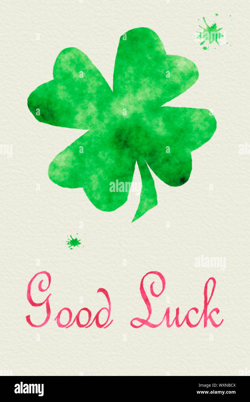 Water color illustration of a green cloverleaf with message Good Luck ...