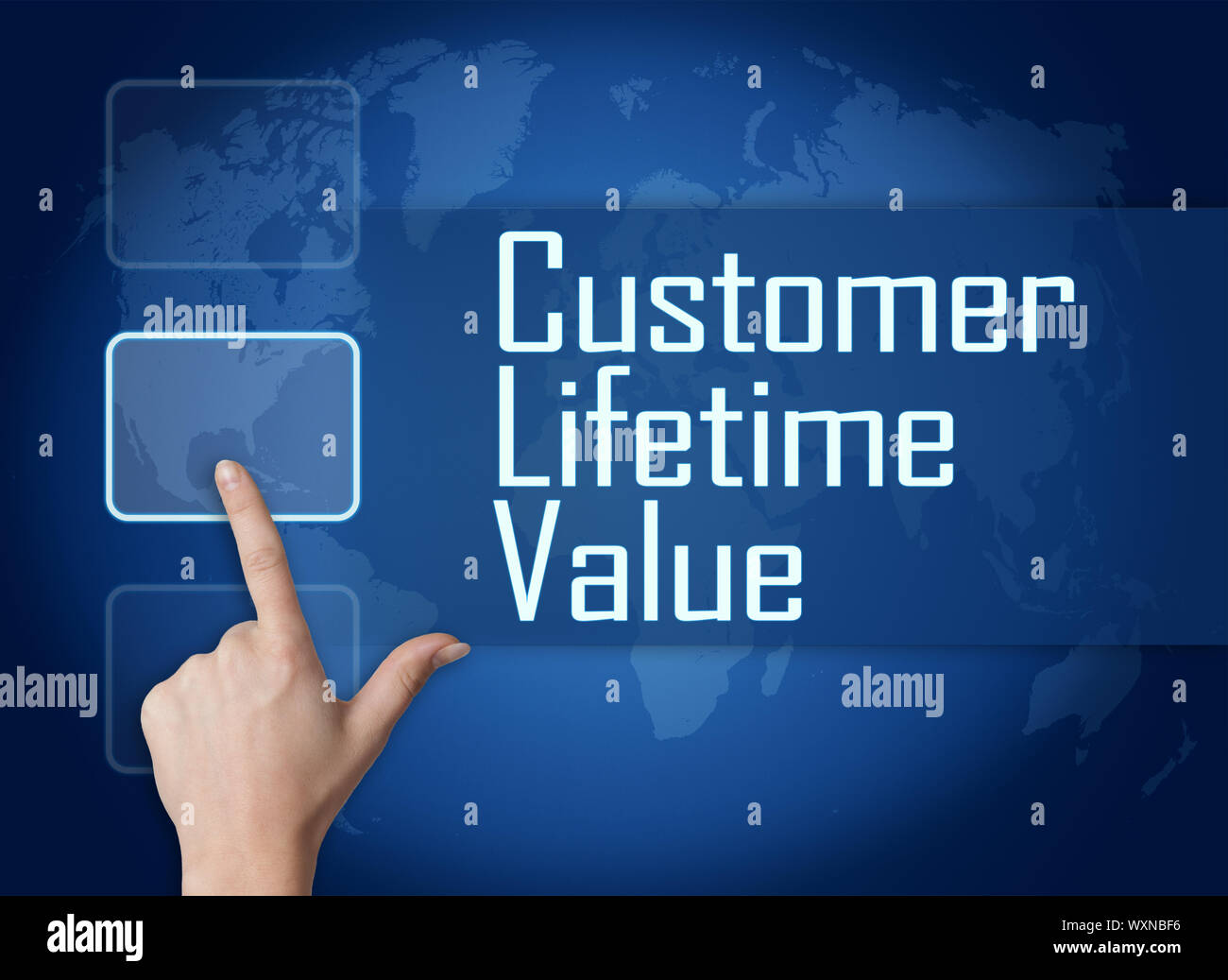 Customer Lifetime Value concept with interface and world map on blue ...