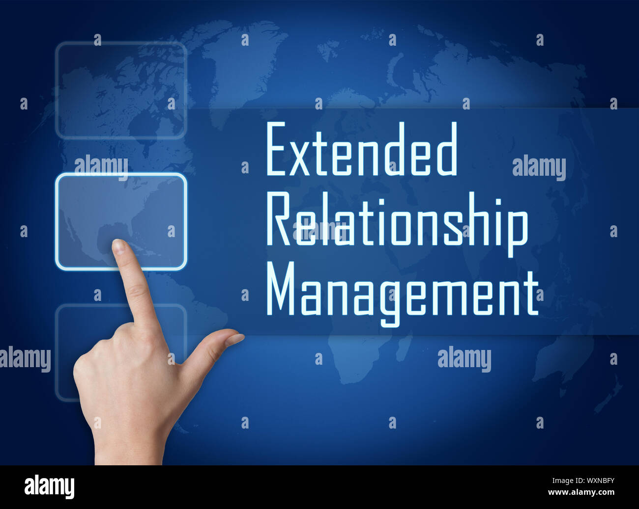 Extended Relationship Management concept with interface and world map ...