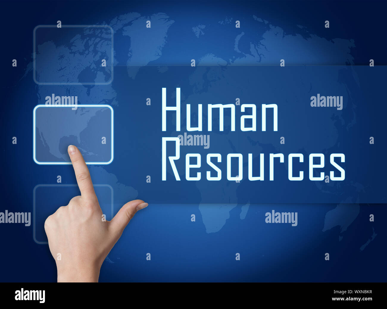 Human Resources concept with interface and world map on blue background ...