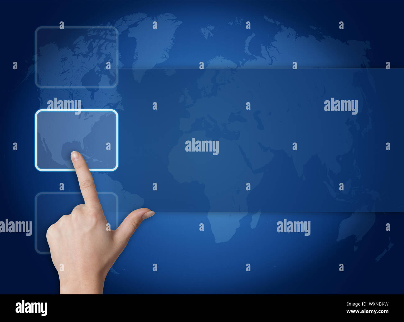 hand pressing a touchscreen button on blue background with world map ...