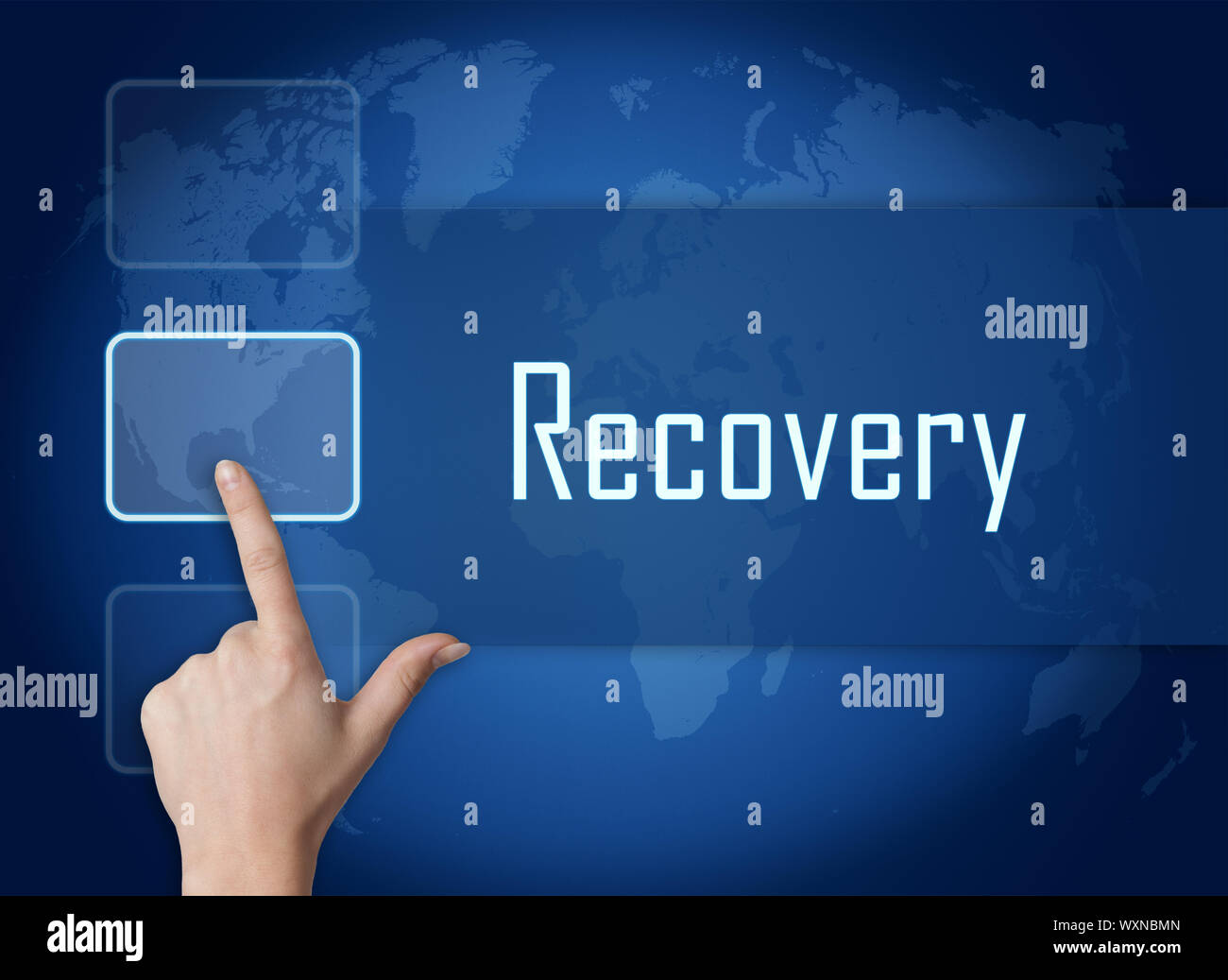 Recovery concept with interface and world map on blue background Stock ...