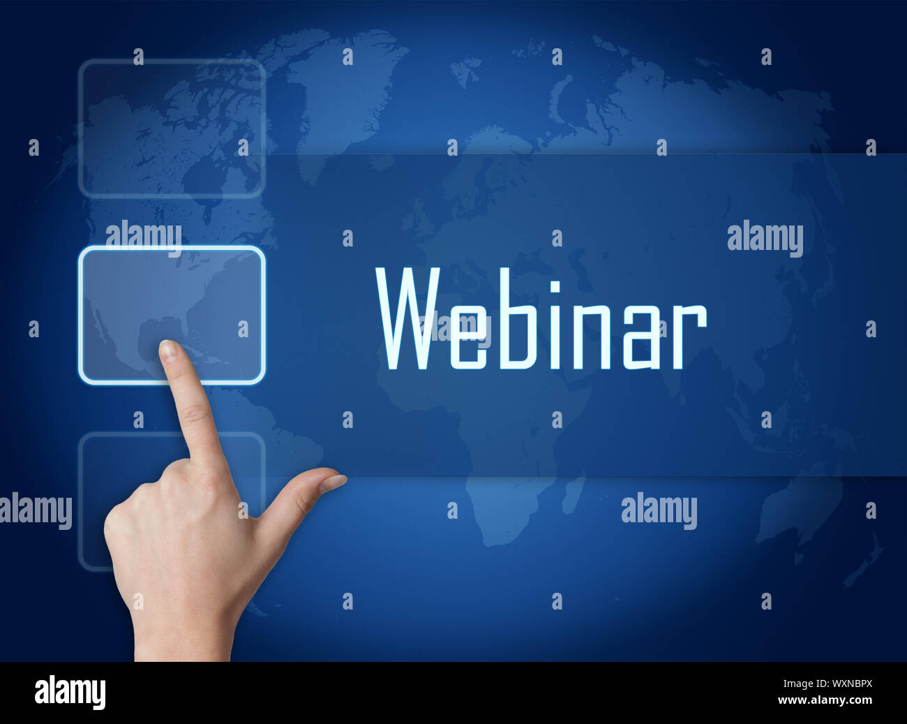 Webinar concept with interface and world map on blue background Stock ...