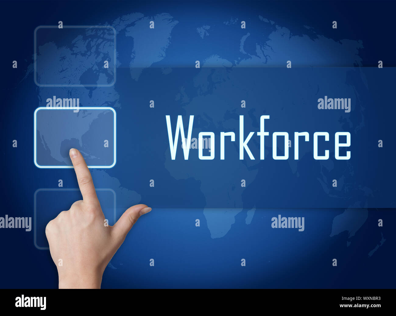 Workforce concept with interface and world map on blue background Stock ...