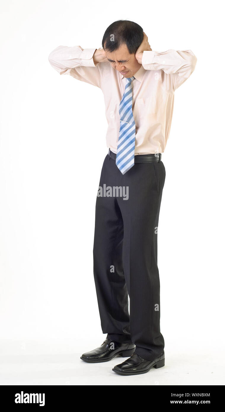 Business man under stress, full length portrait on white background ...