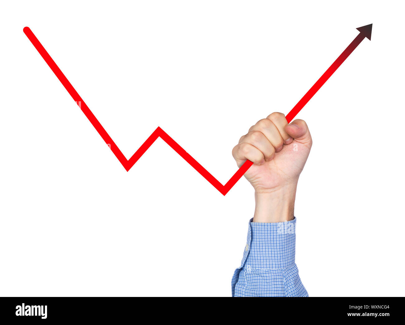 A man's hand holding the chart arrow. Isolated on white Stock Photo - Alamy