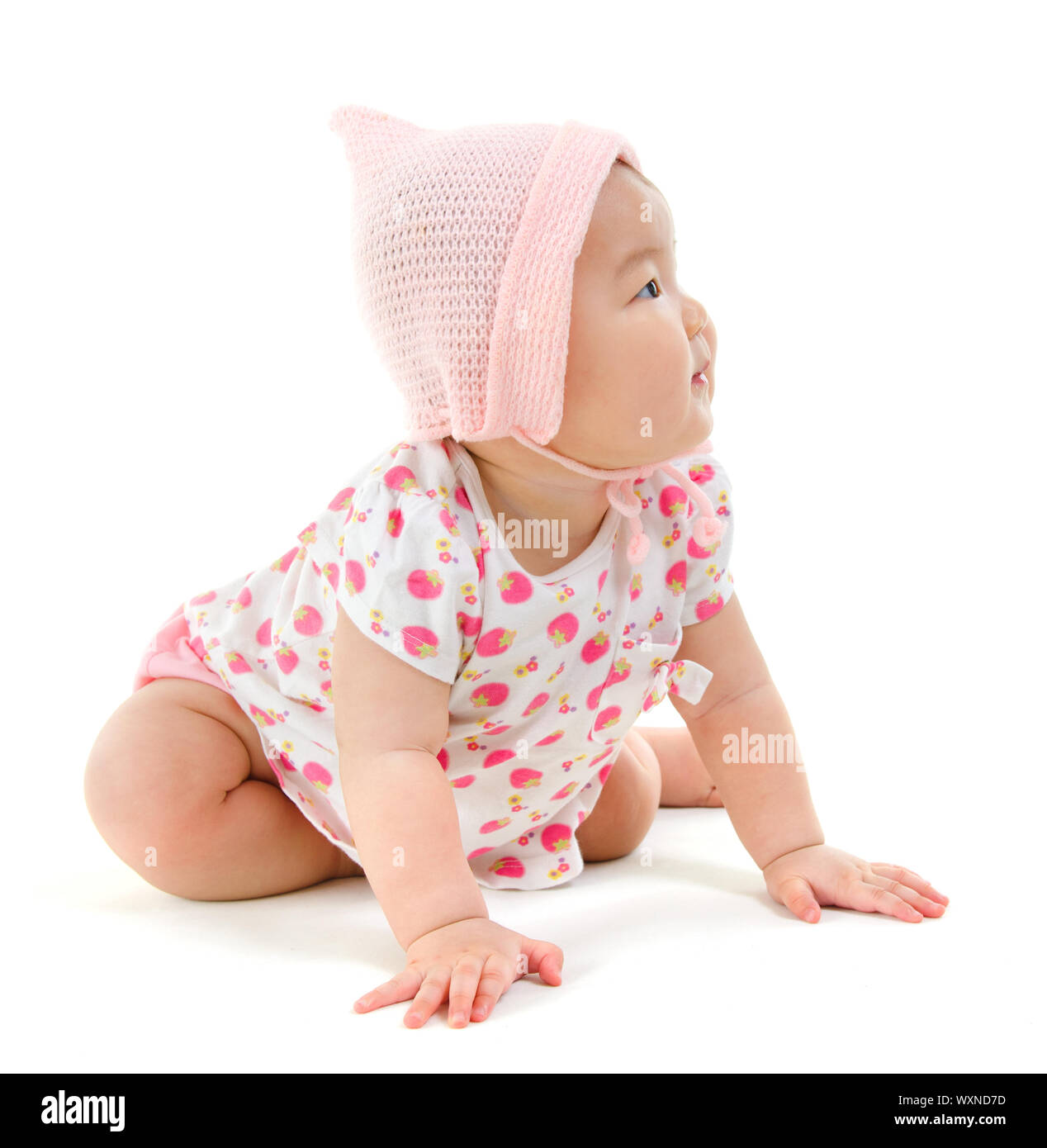 Full body Six months old East Asian baby girl crawling on white ...