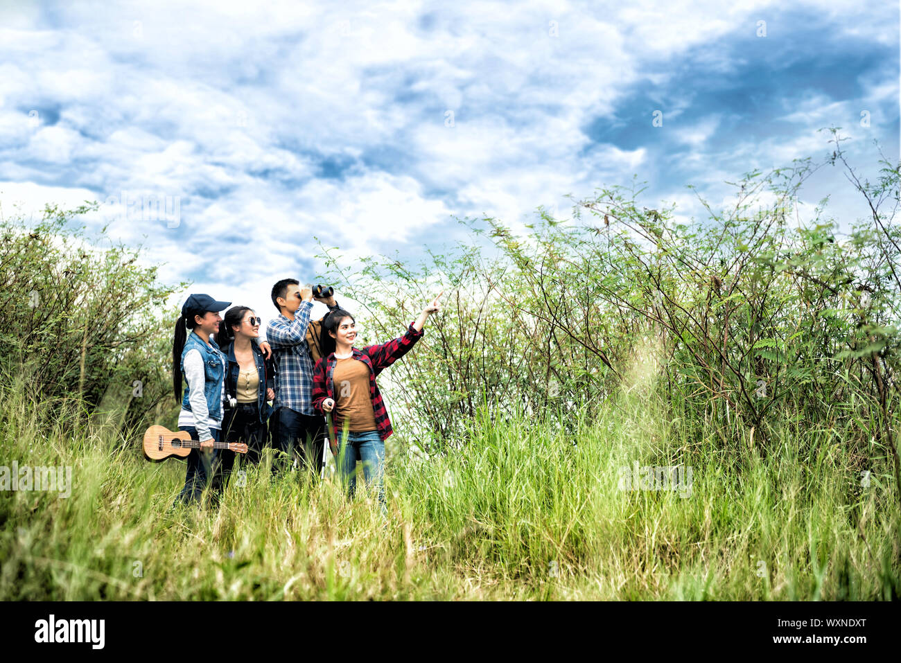 Hiking trail in the forest with friends. Walk Through Countryside and ...
