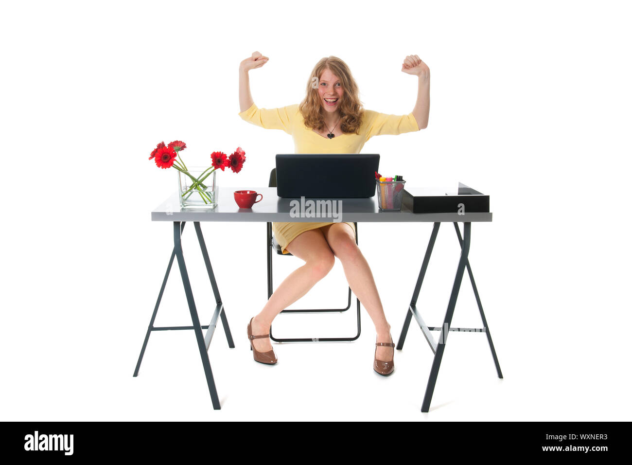 Young woman is happy with the message at the laptop Stock Photo - Alamy