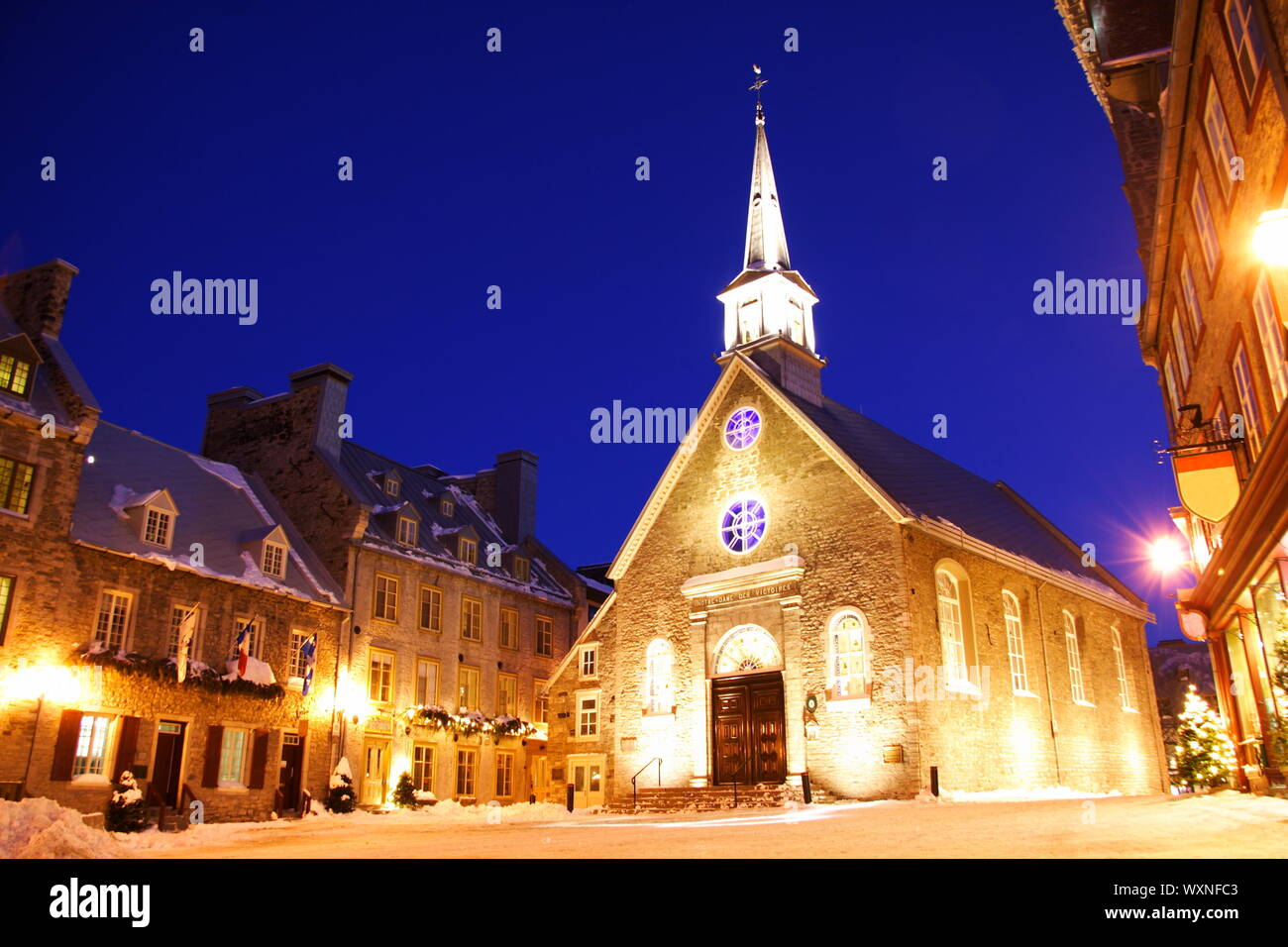 Quebec city famous landmark. The church at Place Royale. Winter in ...