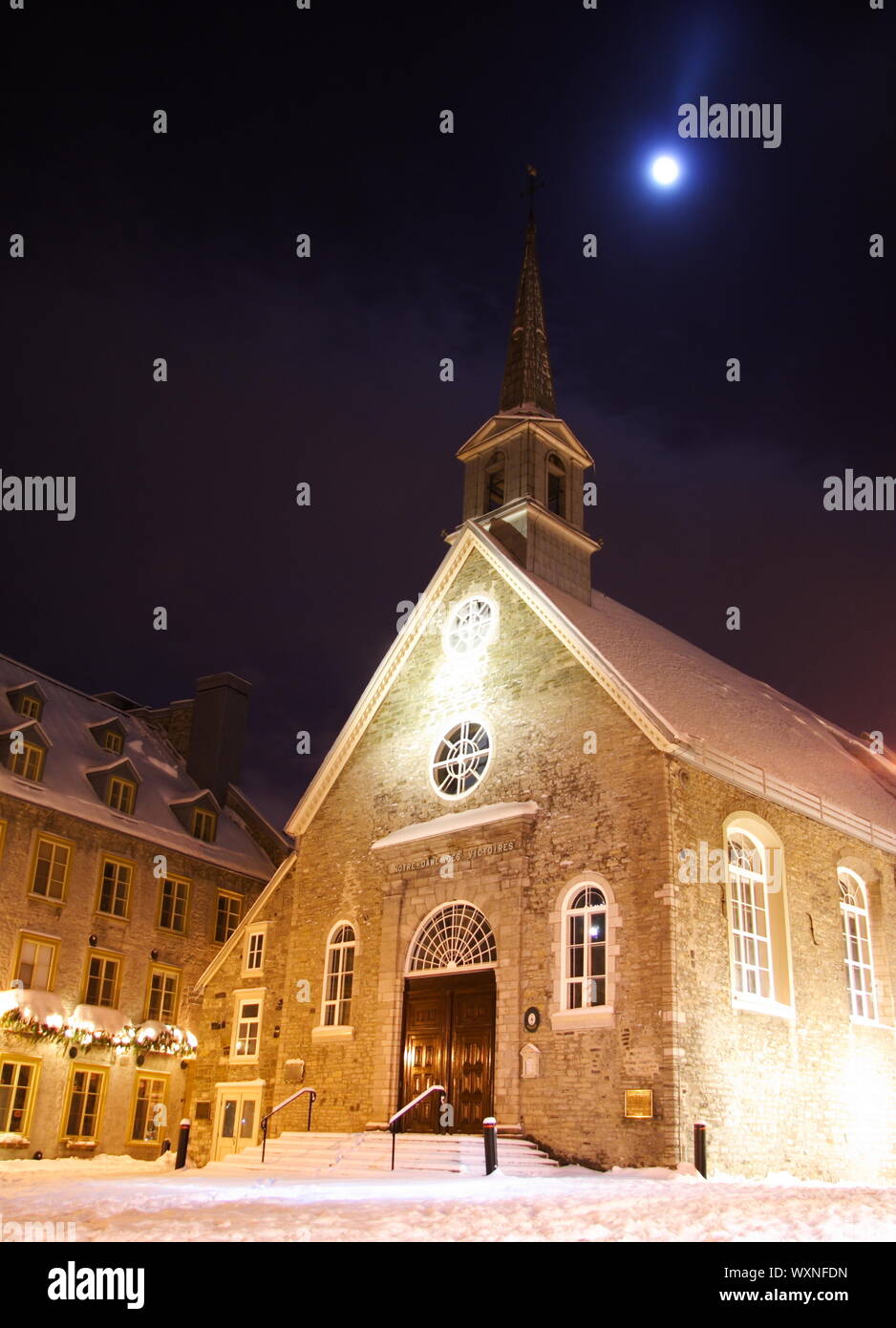 Quebec city famous landmark. The church at Place Royale. Winter in ...