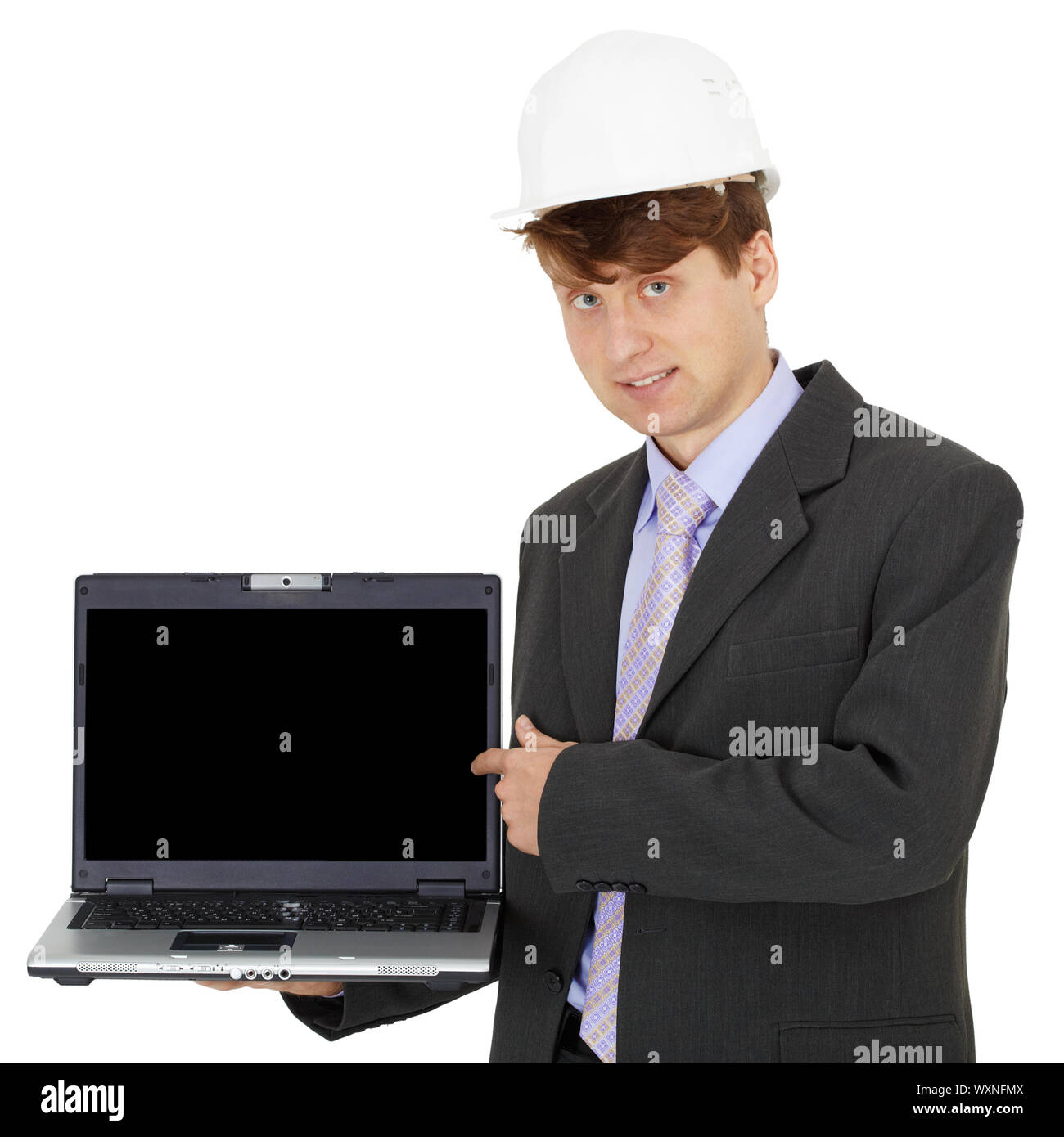 Engineer demonstrates a laptop screen is isolated on a white background ...