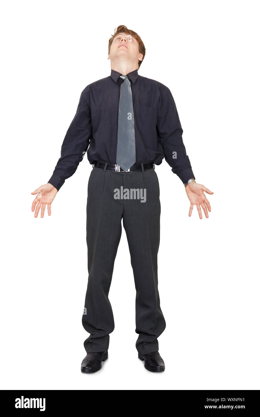 Surprised man looks up, isolated on a white background Stock Photo - Alamy