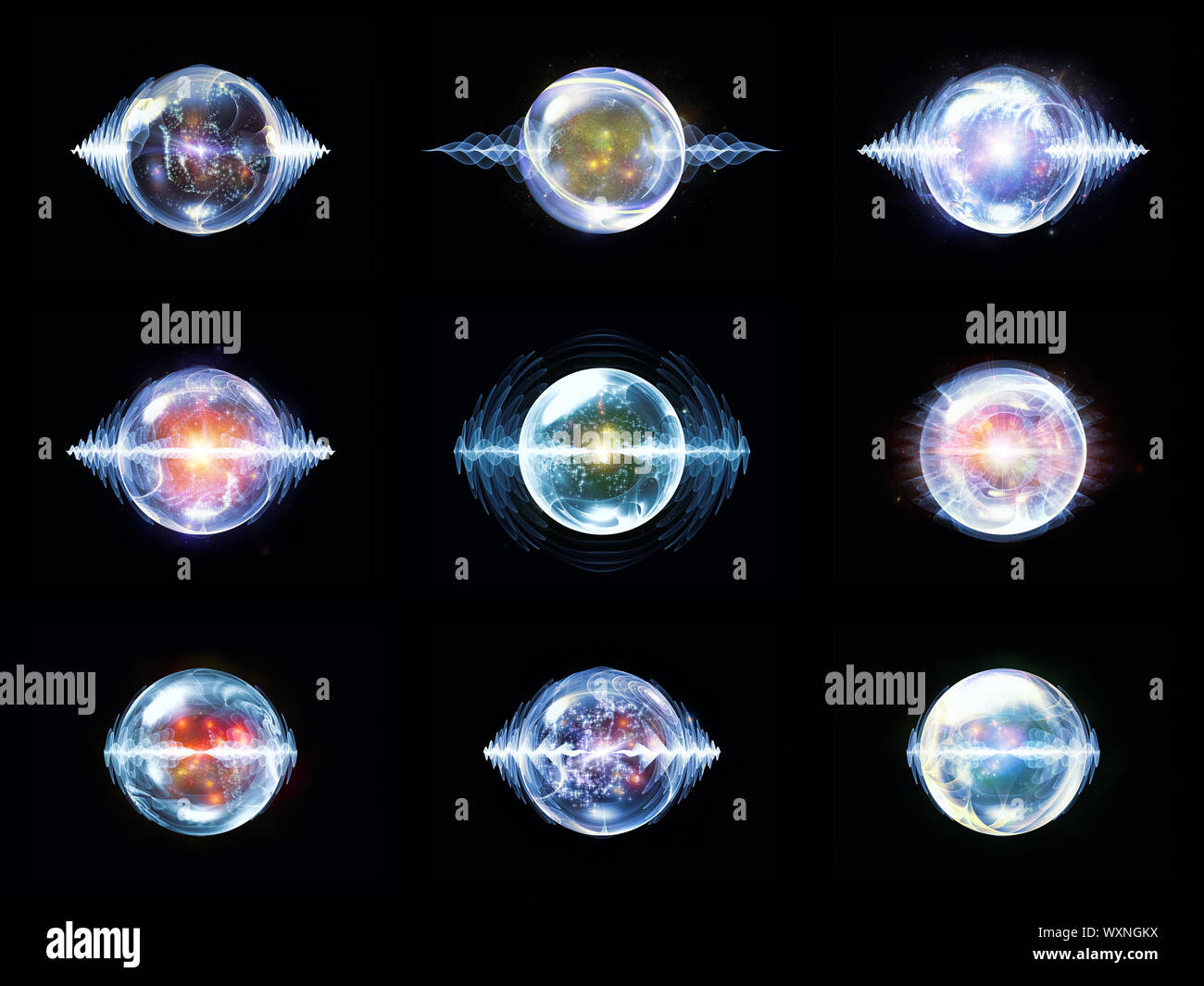 Wave Particle series. Arrangement of glowing orbs of wave energy on the ...