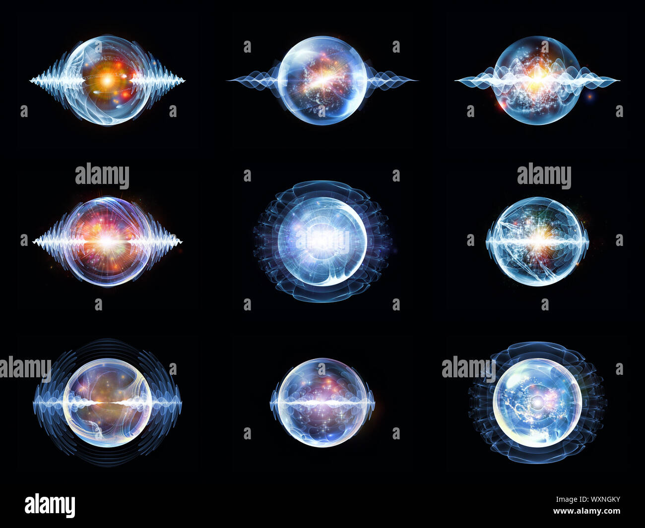 Wave Particle series. Arrangement of glowing orbs of wave energy on the ...