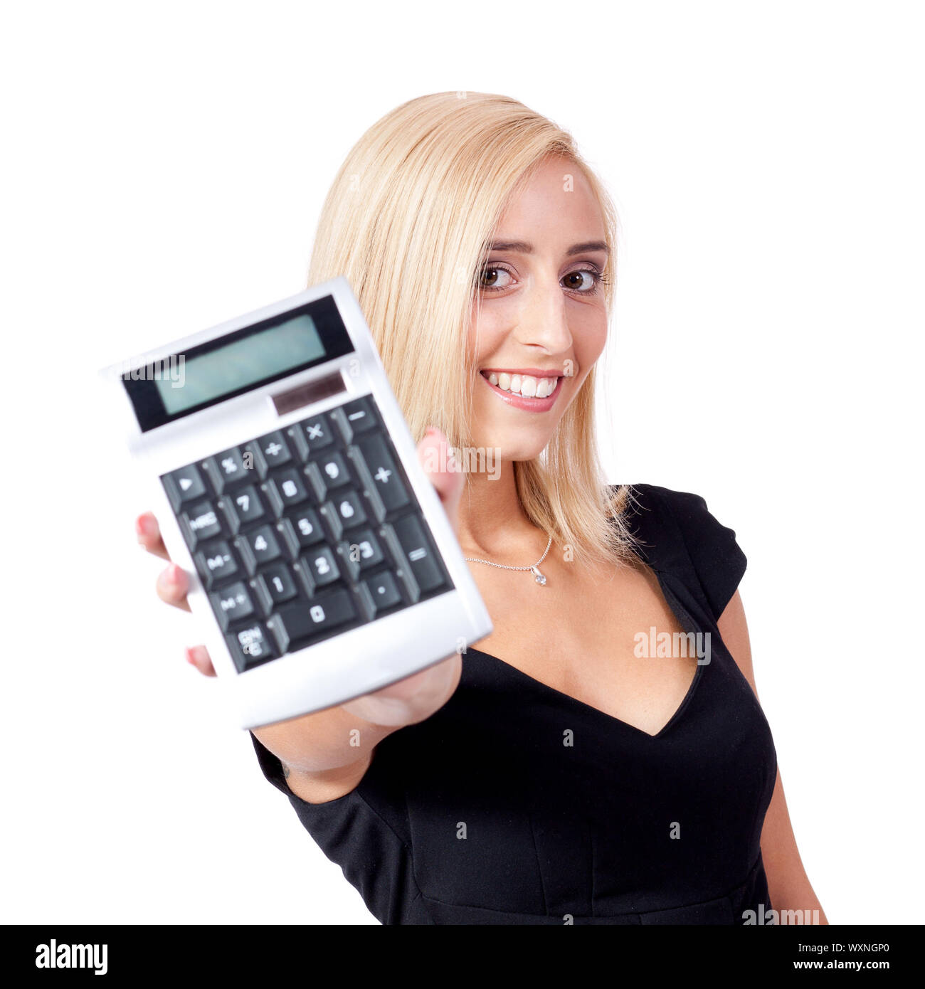 attractive smiling business woman with calculator isolated on white ...