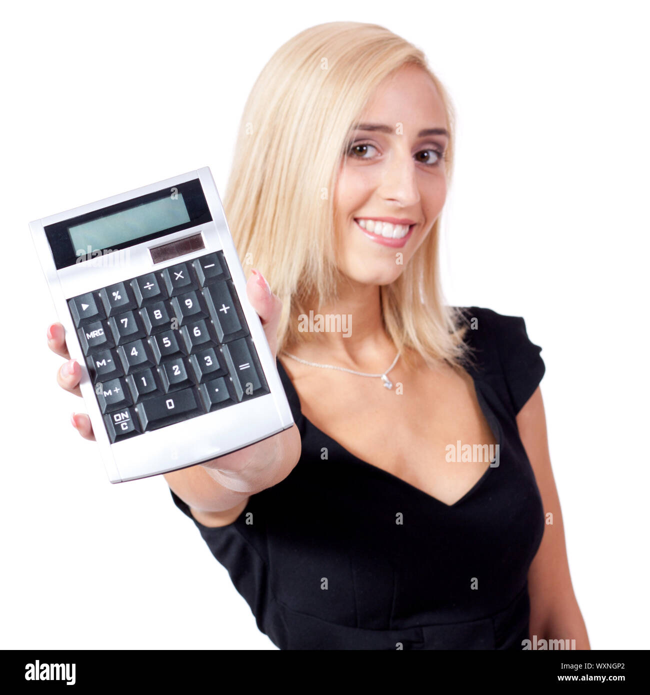 attractive smiling business woman with calculator isolated on white ...
