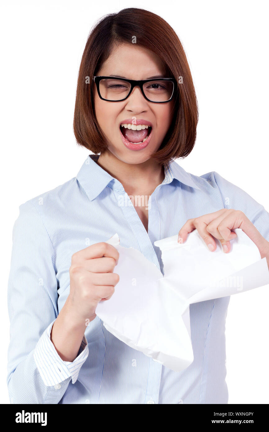 young frustrated asian business woman with paperwork crumpled isolated ...