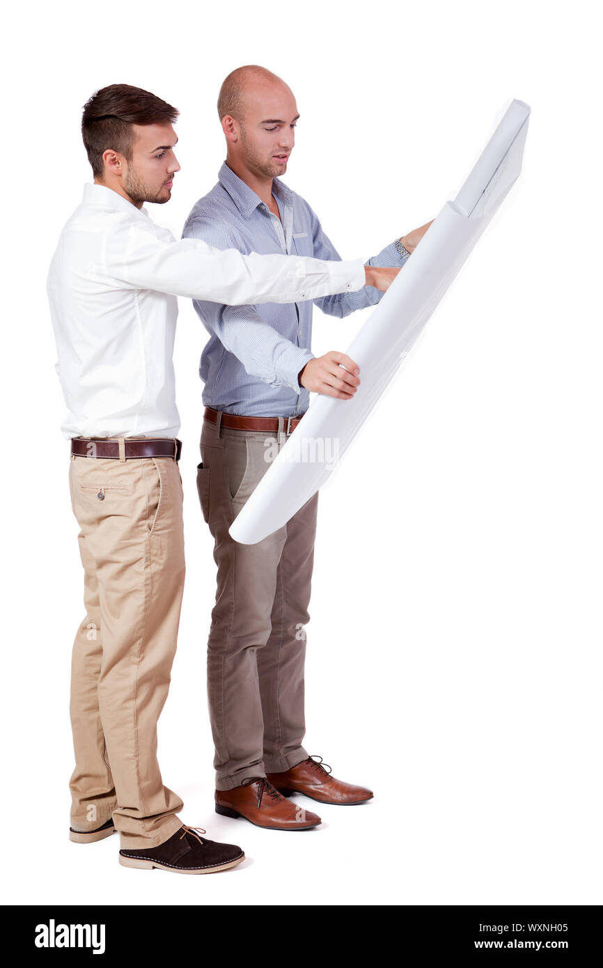 young adult businessman architect with blueprint portrait isolated ...