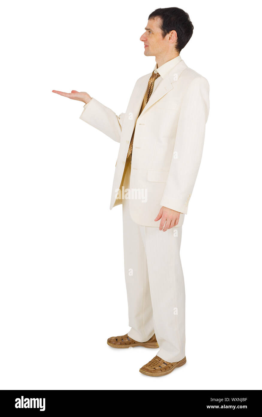A man holding something in his hand, isolated on a white background ...