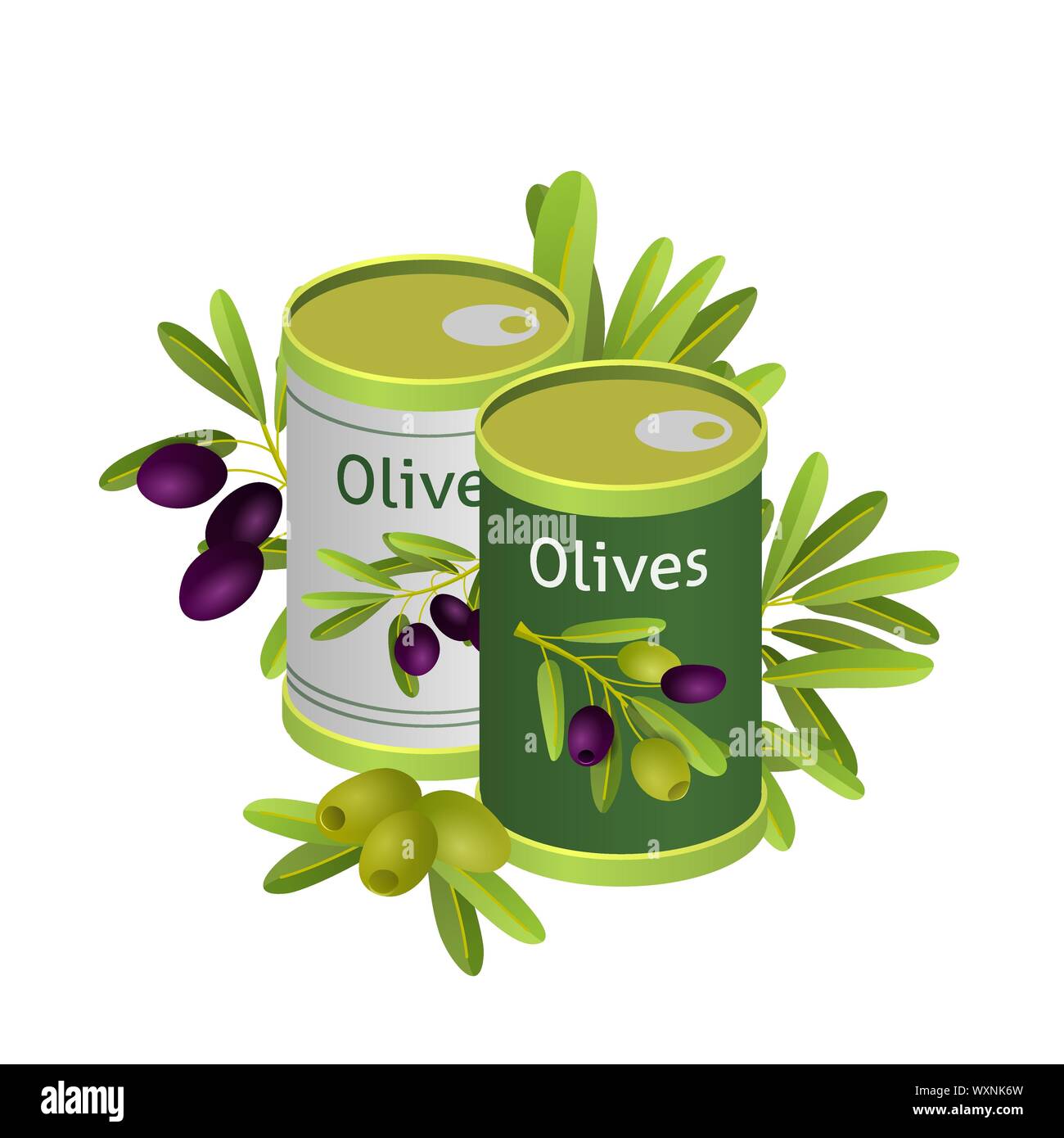 Olives in metallic can with brand label. Isolated flat vector element ...