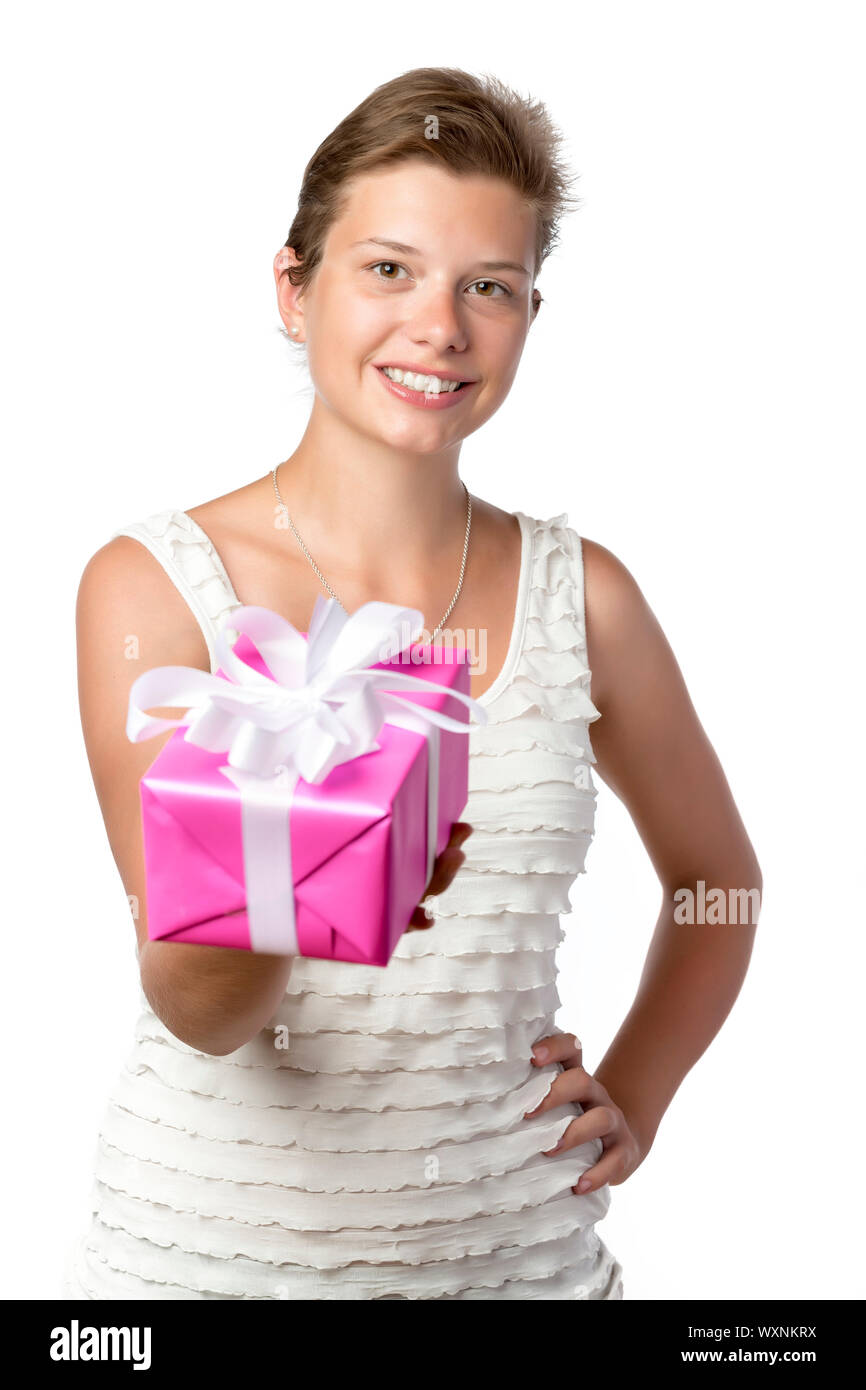 Young pretty woman with pink present in hands, isolated on white ...