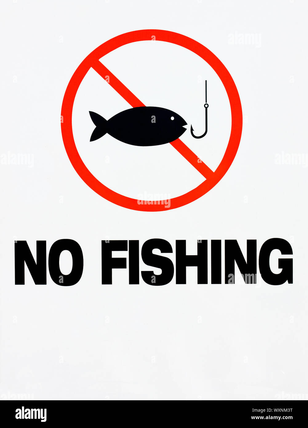 A red, black and white no fishing sign with fish and hook illustration ...