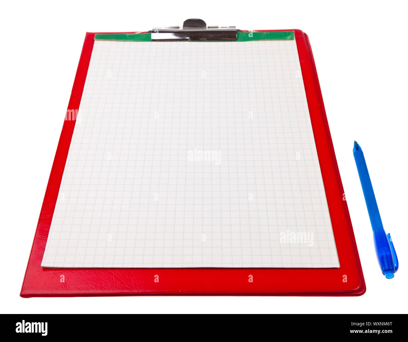 Blank paper sheet on red clipboard with pen on white background Stock ...