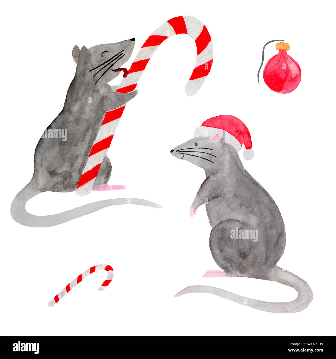 Watercolor set of Christmas rats isolated on white background. Hand ...