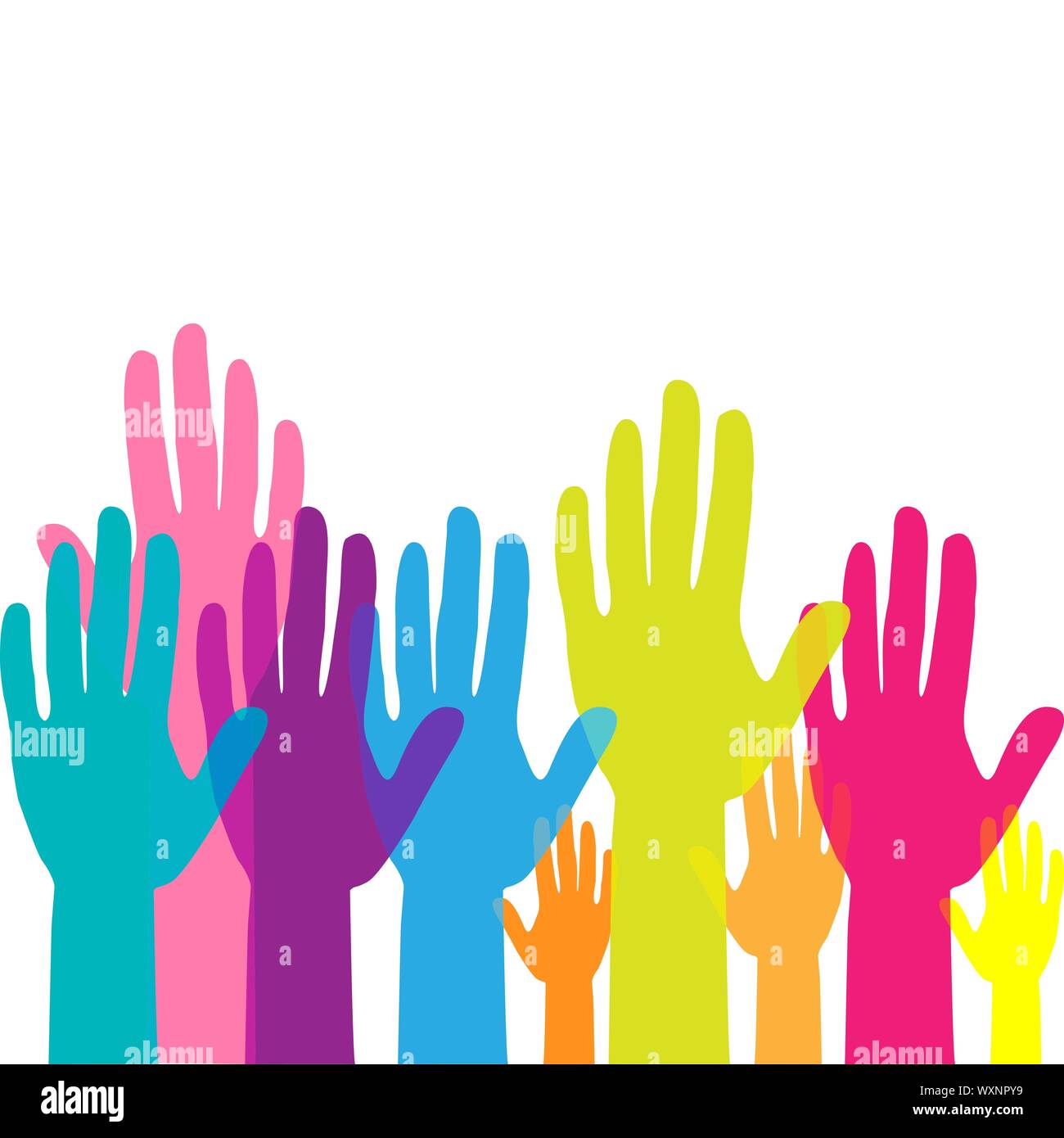 Colorful up hands. Raised hands volunteering. team work concept. Vector ...