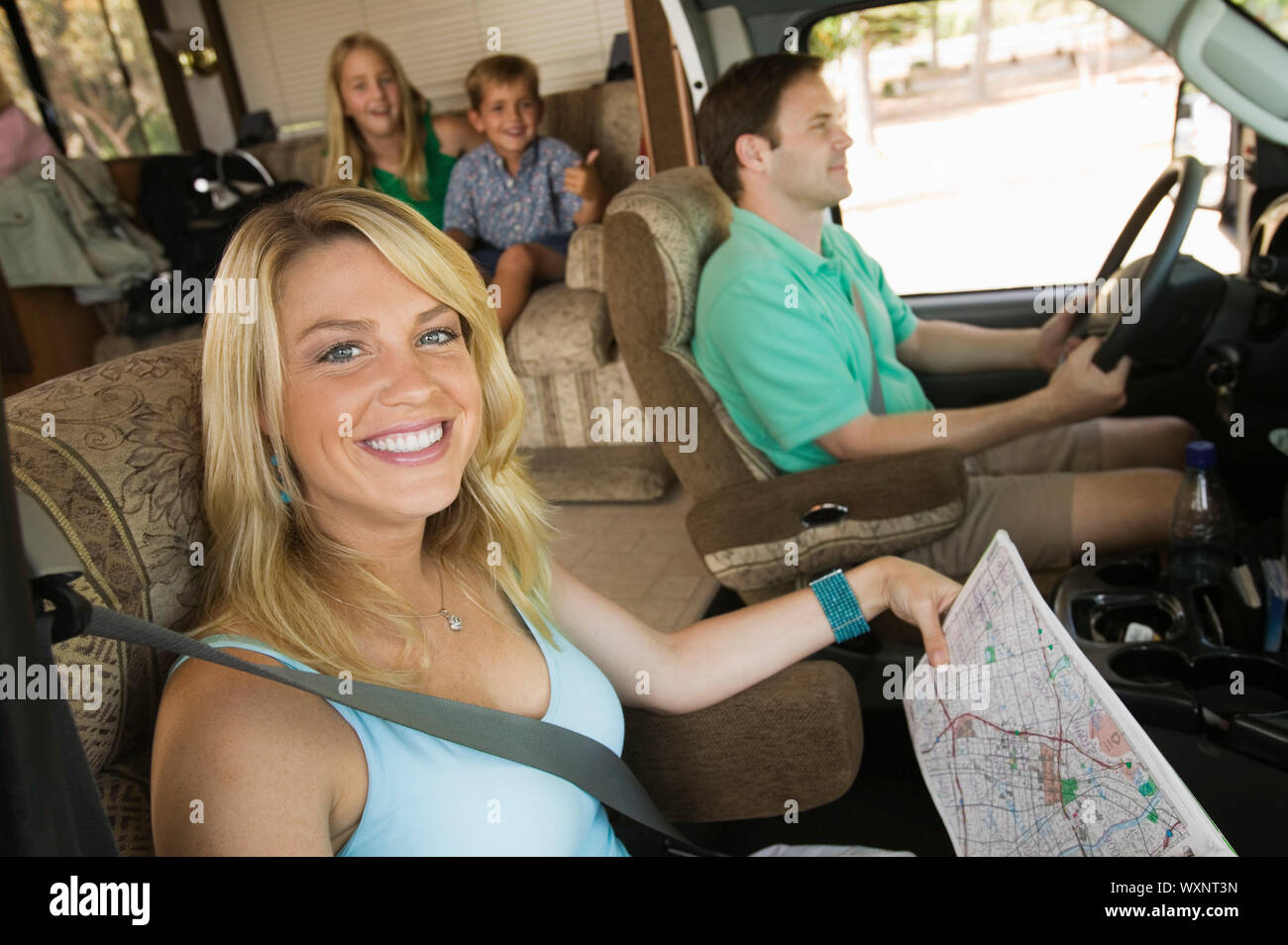 Family in RV on Summer Road Trip Stock Photo - Alamy