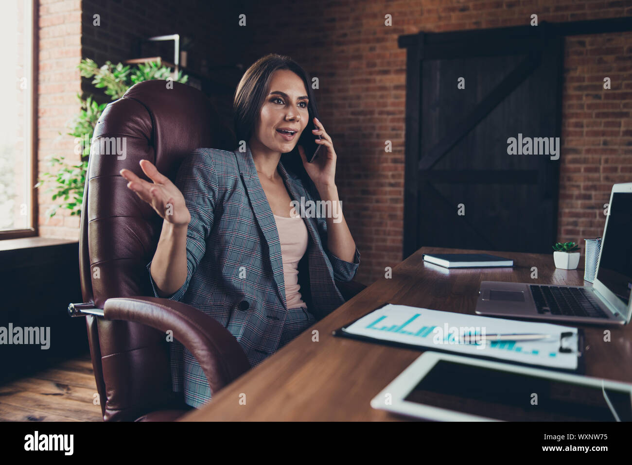 Elegant classic trendy lovely cute smiling lady boss, wearing gr Stock ...