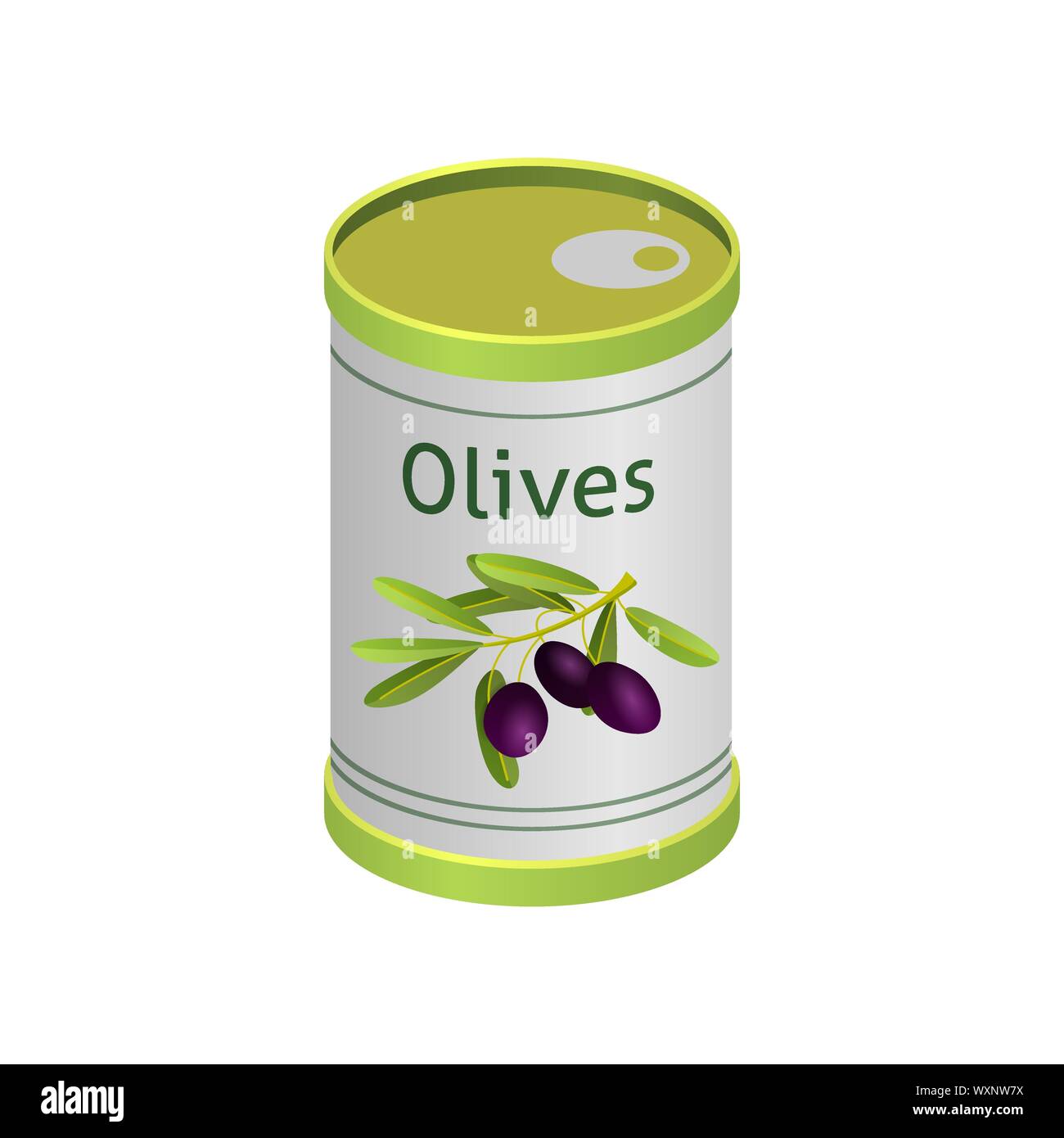 Olives in metallic can with brand label. Isolated flat vector element ...