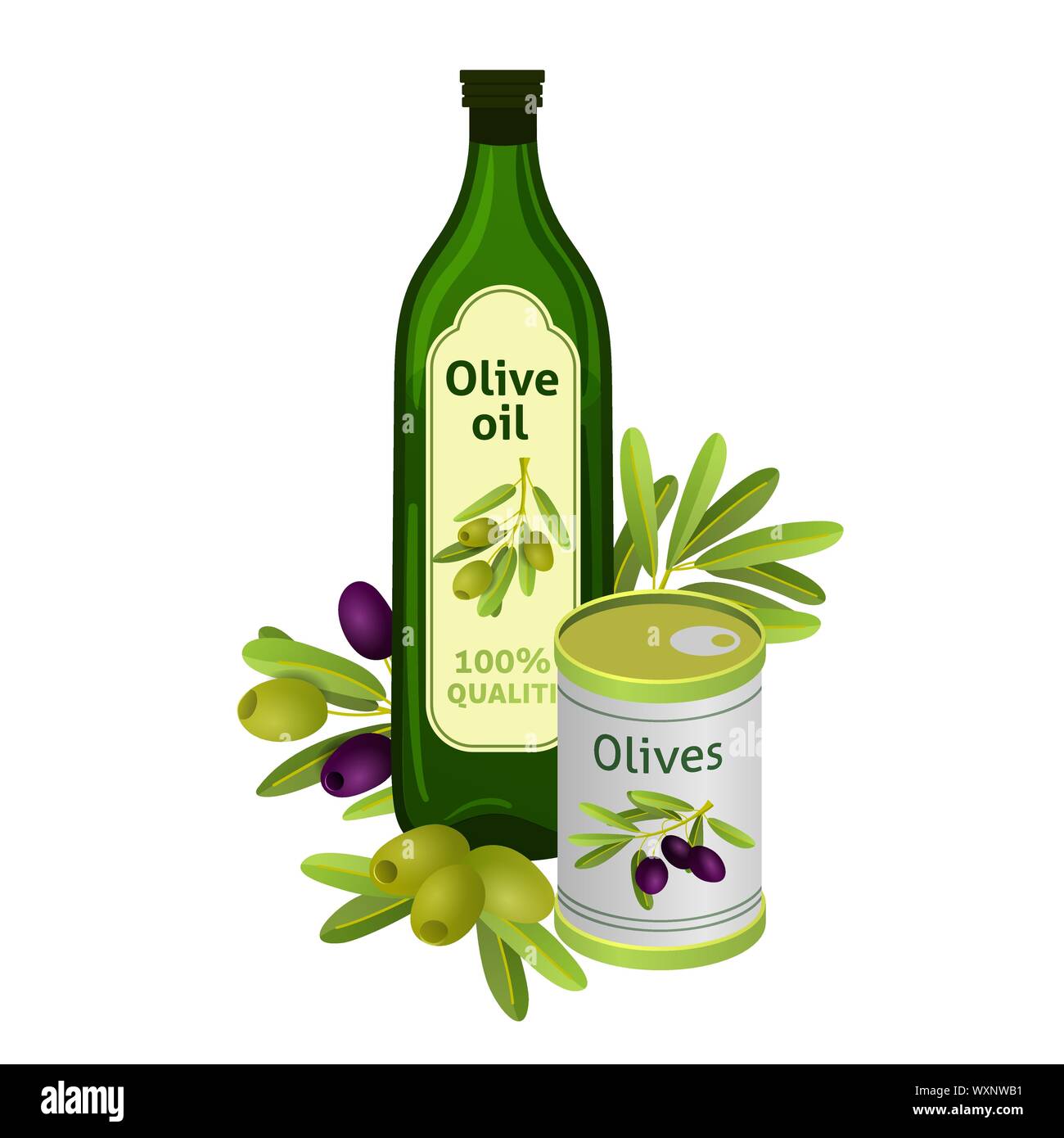 Olive oil bottle with brand label. Isolated flat vector element for ...