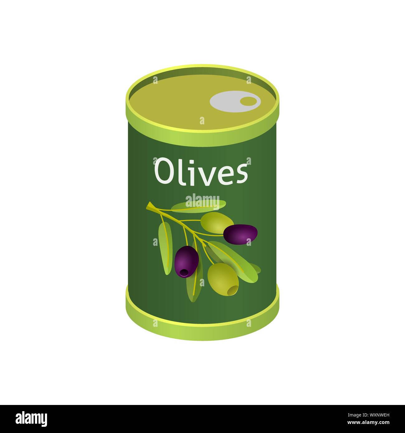 Olives in metallic can with brand label. Isolated flat vector element ...