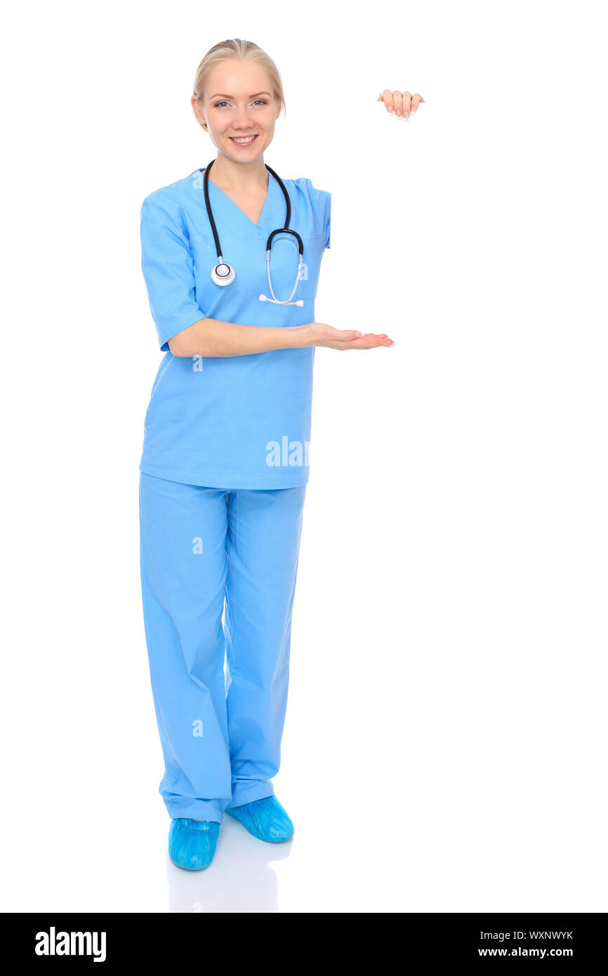 Doctor woman or nurse isolated over white background. Cheerful smiling ...