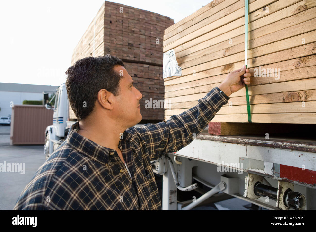 Mid-adult man checking truck loaded with wood Stock Photo - Alamy
