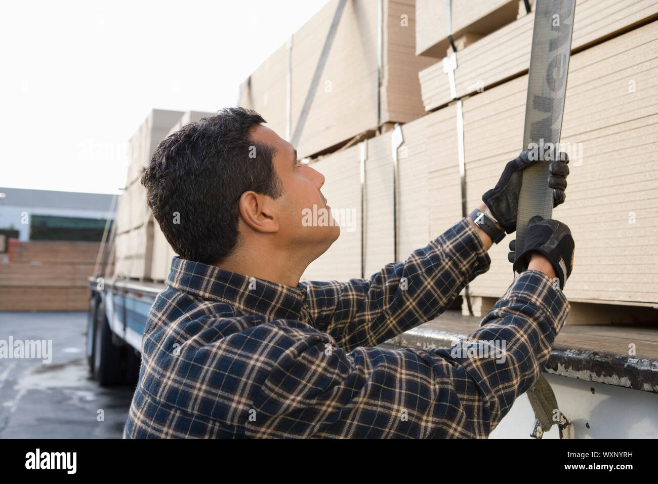 Mid-adult man checking strapping of truck loaded with wood Stock Photo ...