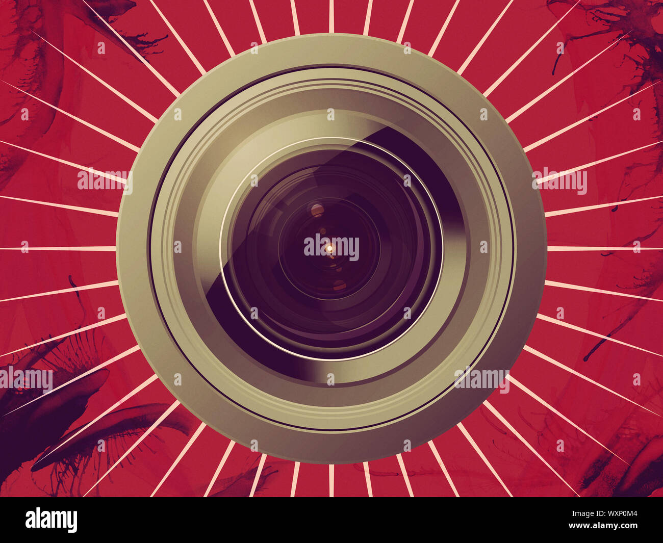 Photo camera lens on red background with rays Stock Photo - Alamy