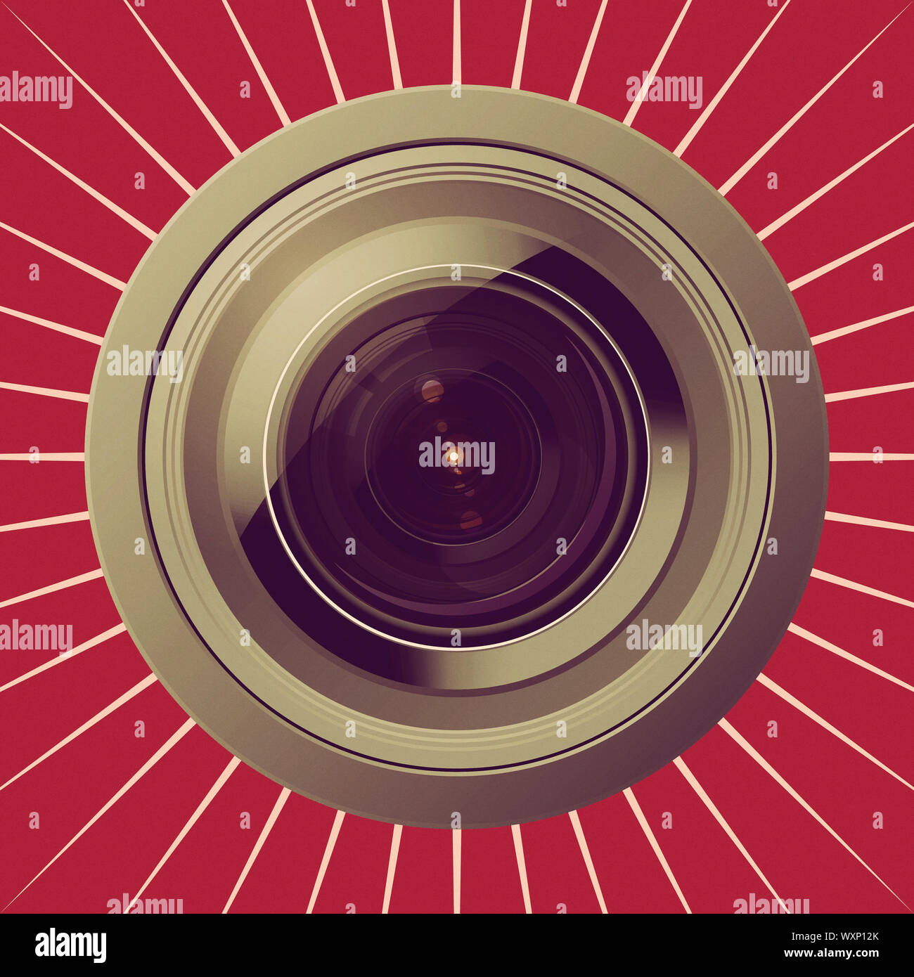 Photo camera lens on red background with rays Stock Photo - Alamy