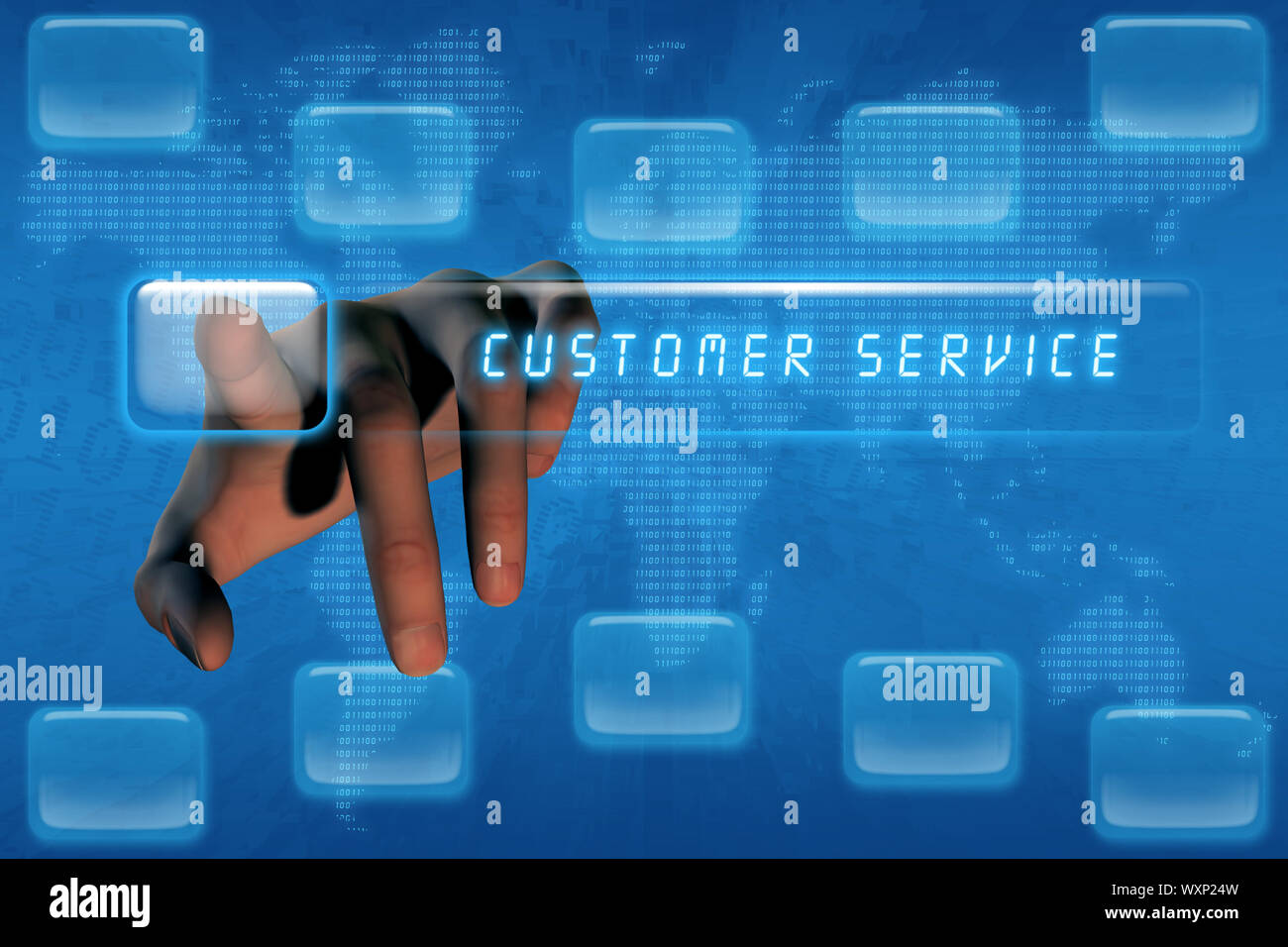 Hand pushing customer service button on a touch screen interface Stock ...
