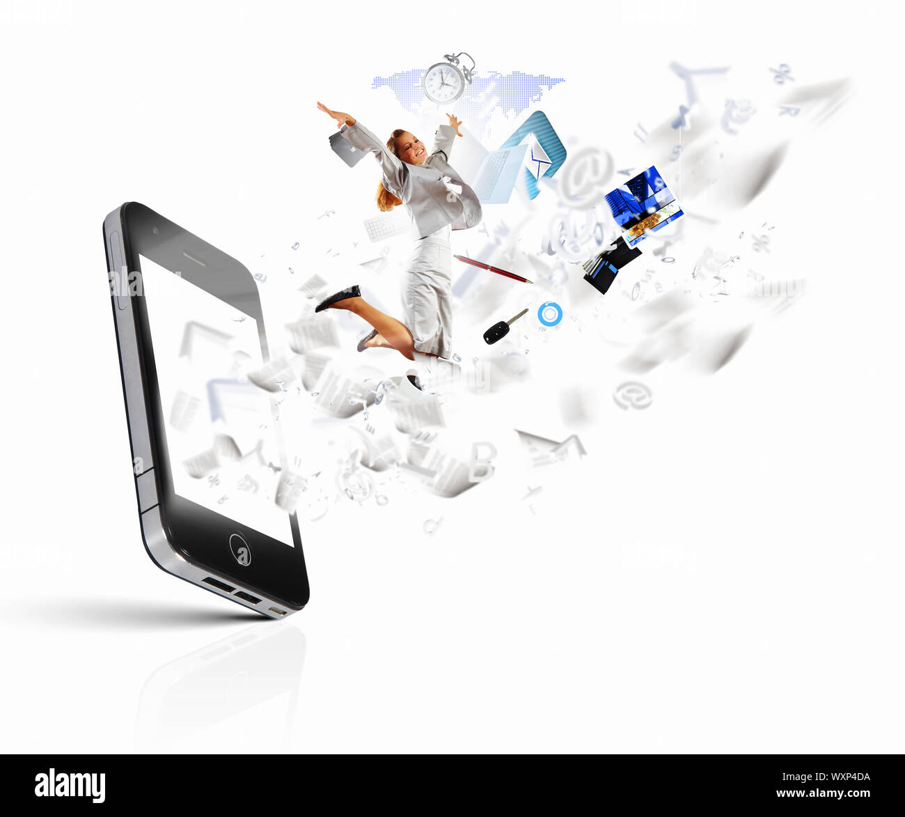 Jumping happy woman cell phone Cut Out Stock Images & Pictures - Alamy