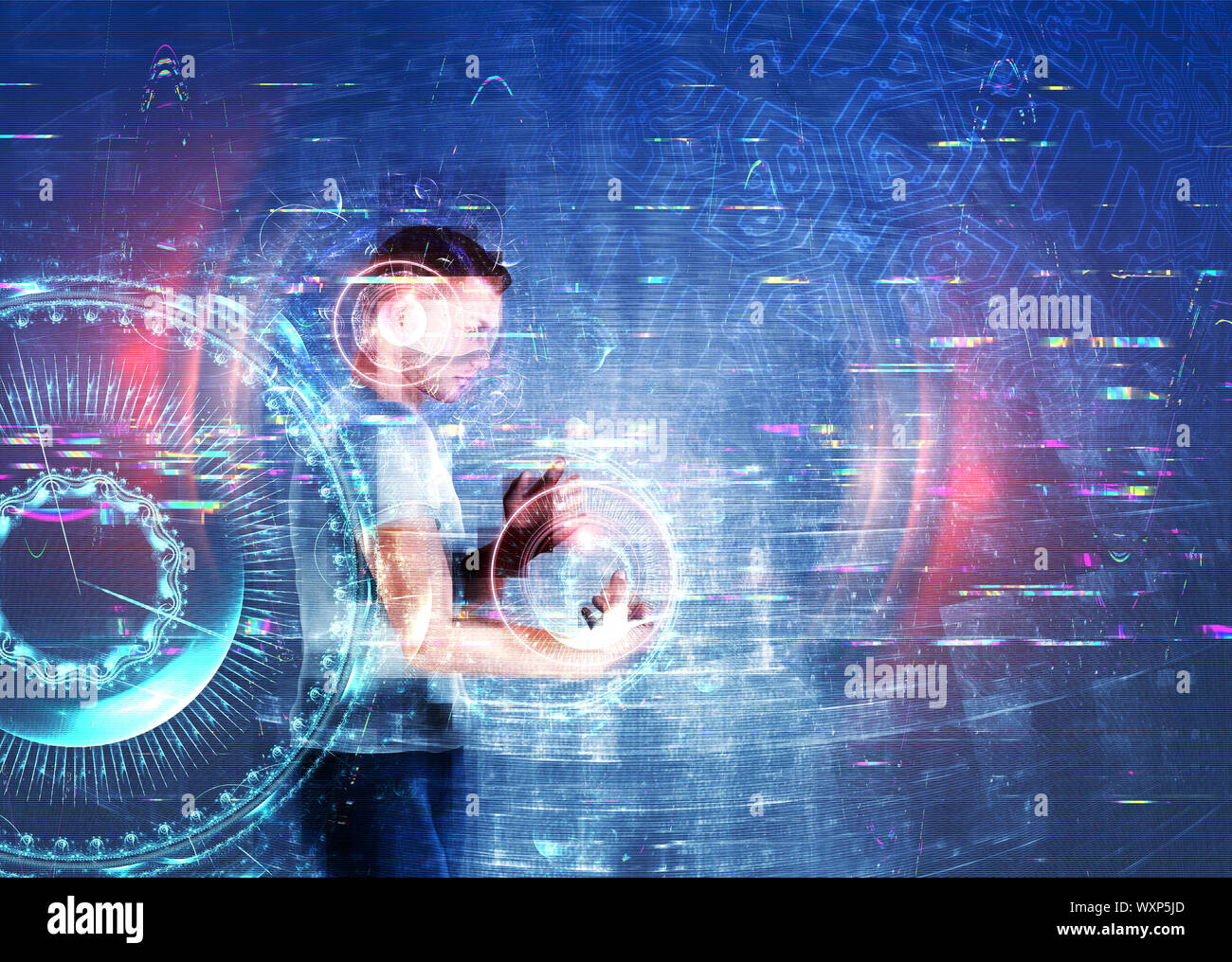 3D rendered man in VR glasses with grunge glitch texture, abstract tech ...